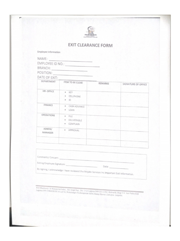 Exit Clearance Form | PDF