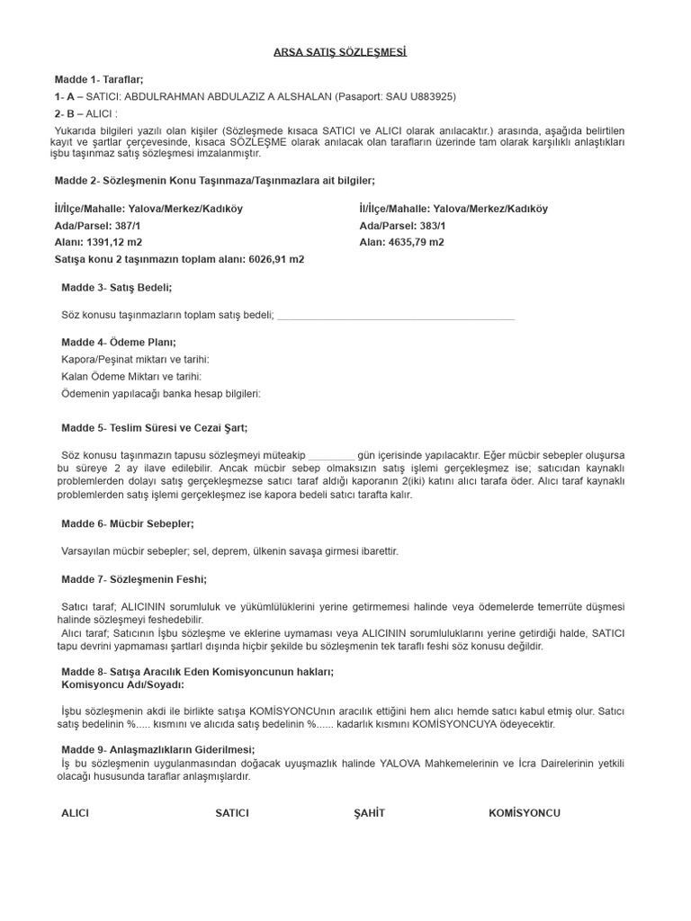 Arsa Satiş Sözleşmesi̇ | PDF
