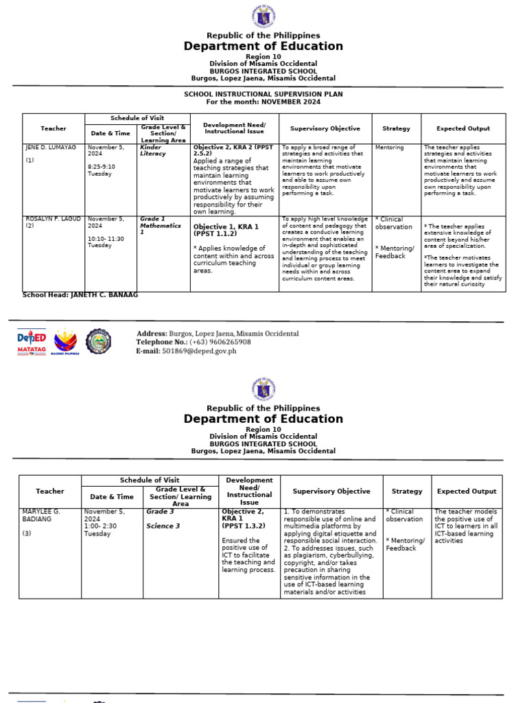 1 School INSTRUCTIONAL SUPERVISION PLAN NOVEMBER 2024 | PDF | Mentorship | Teachers