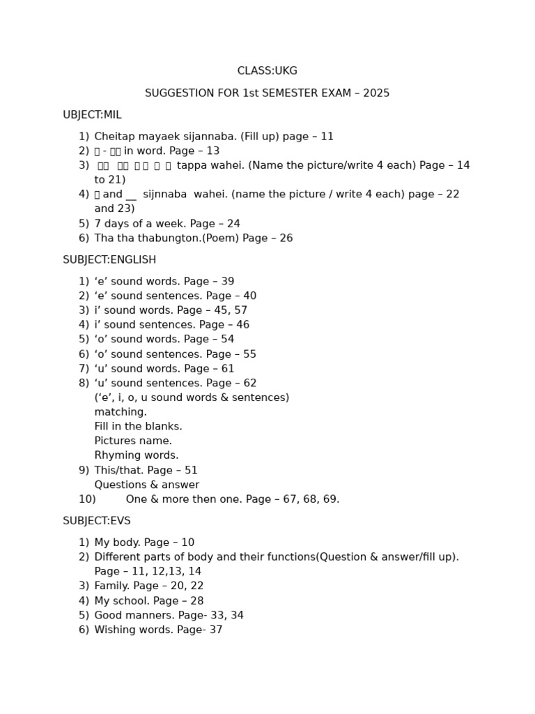 UKG 1st Semester Exam Suggestions 2025 | PDF