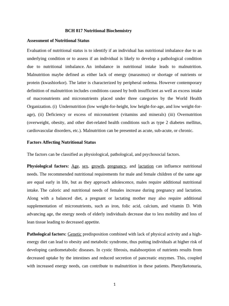 BCH 817 Nutritional Biochemistry | PDF | Malnutrition | Nutrition