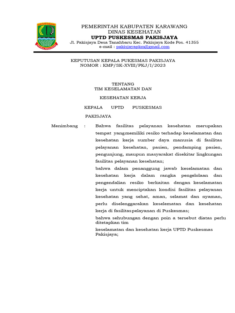Tim K3 UPTD Puskesmas Pakisjaya | PDF