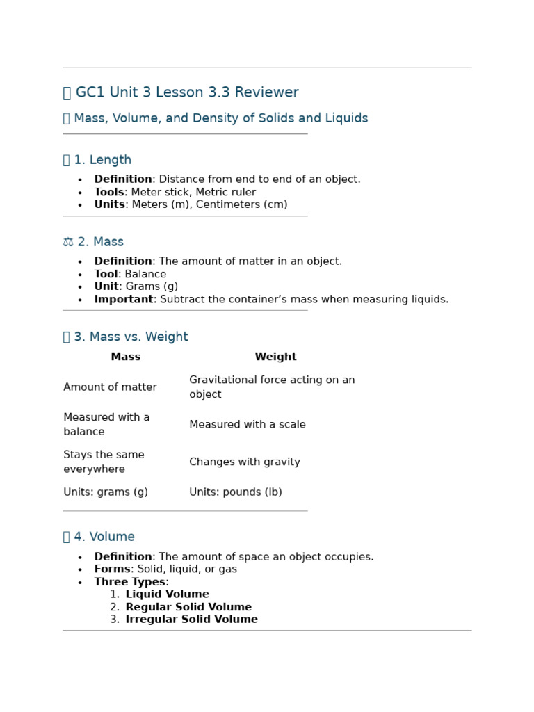 Mass J Volume J and Density' of Solids and Liquids | PDF | Volume | Density