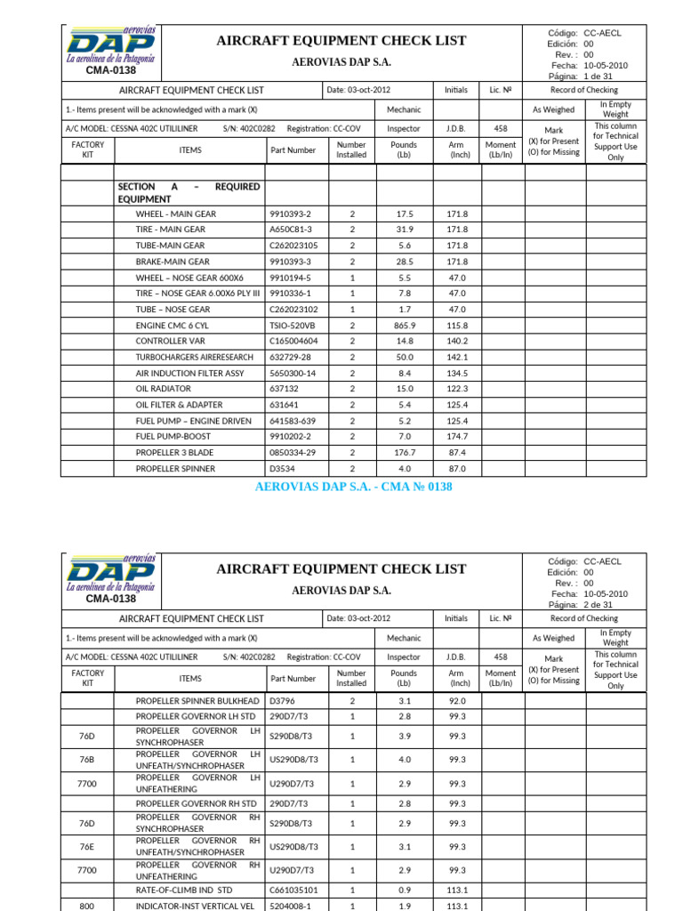 Check List DAN 0811 Cessna 402C COV | PDF | Aircraft | Aviation