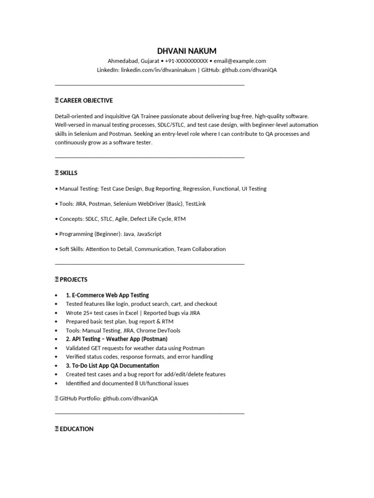 QA Trainee Resume Template | PDF | Selenium (Software) | Computer ...