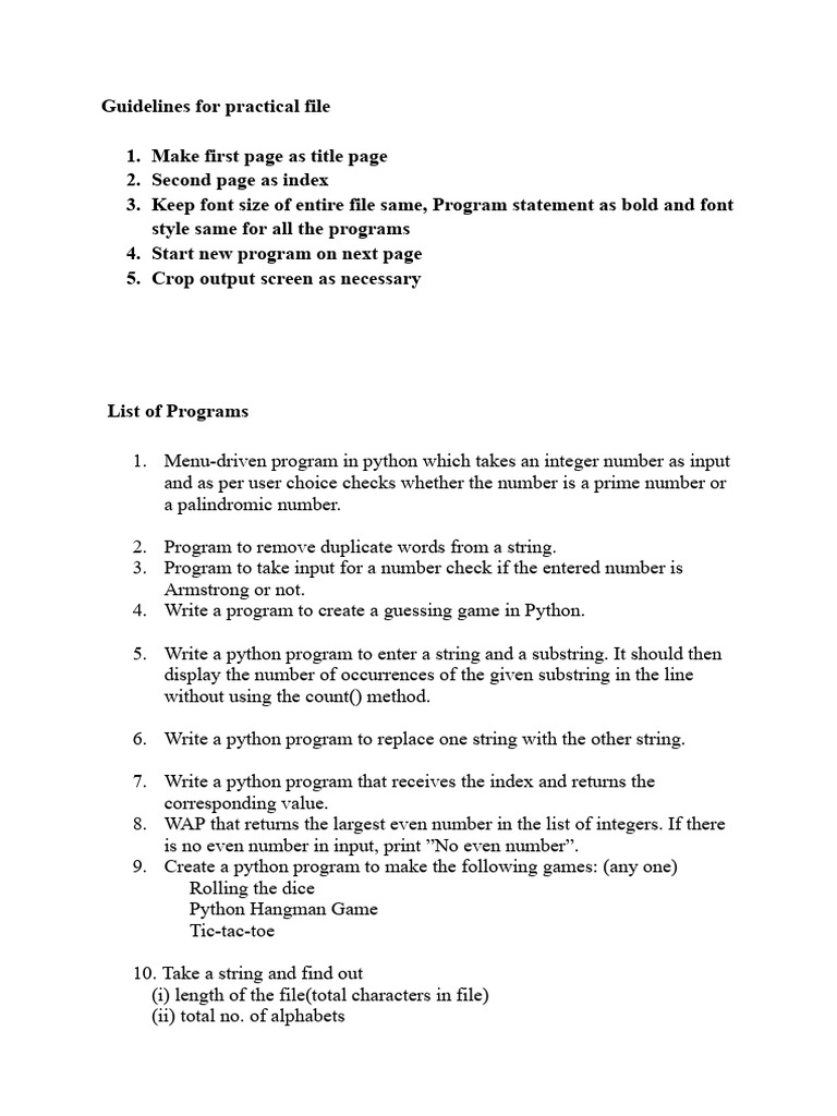 Guidelines For Practical File Class XI 2023 | PDF | String (Computer ...