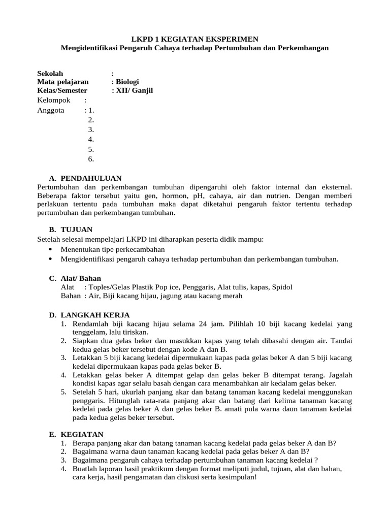 LKPD Eksperimen Perkecambahan Dan Faktor Eksternal Pertumbuhan Dan Perkembangan | PDF