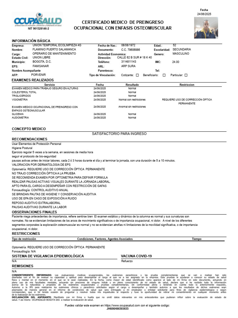 Flaminio Puerto Salamanca - Examen Medico Ocupacional de Preingreso Con ...