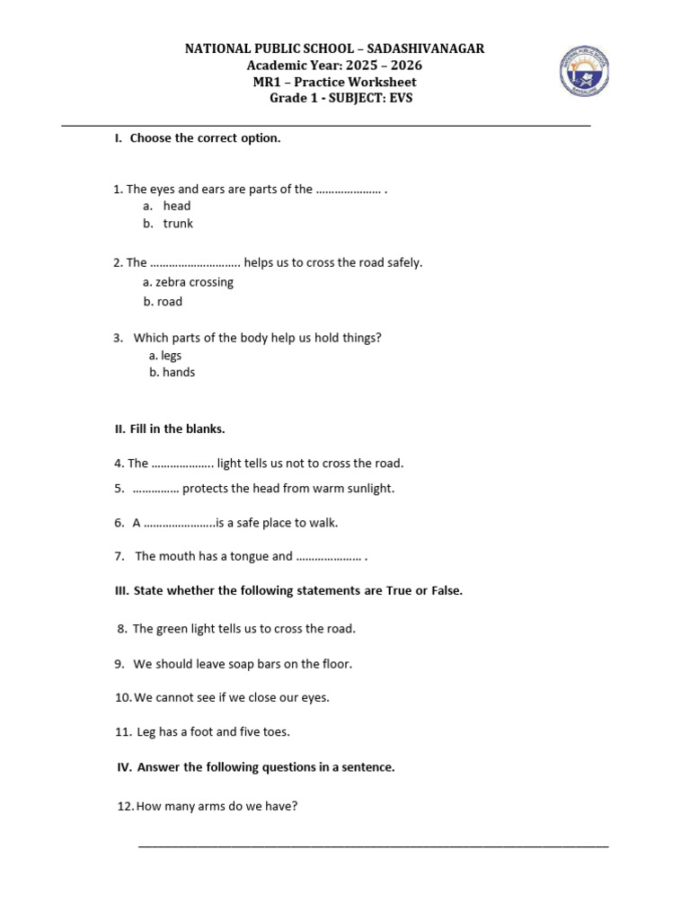 Grade 1 EVS MR 1 Practice Worksheet Answer Keys-1 | PDF