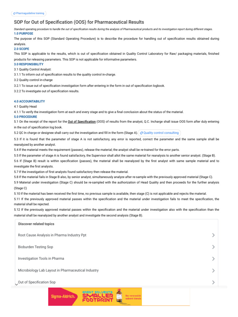 SOP For Out of Specification (OOS) For Pharmaceutical Results - Pharmaguideline | PDF ...