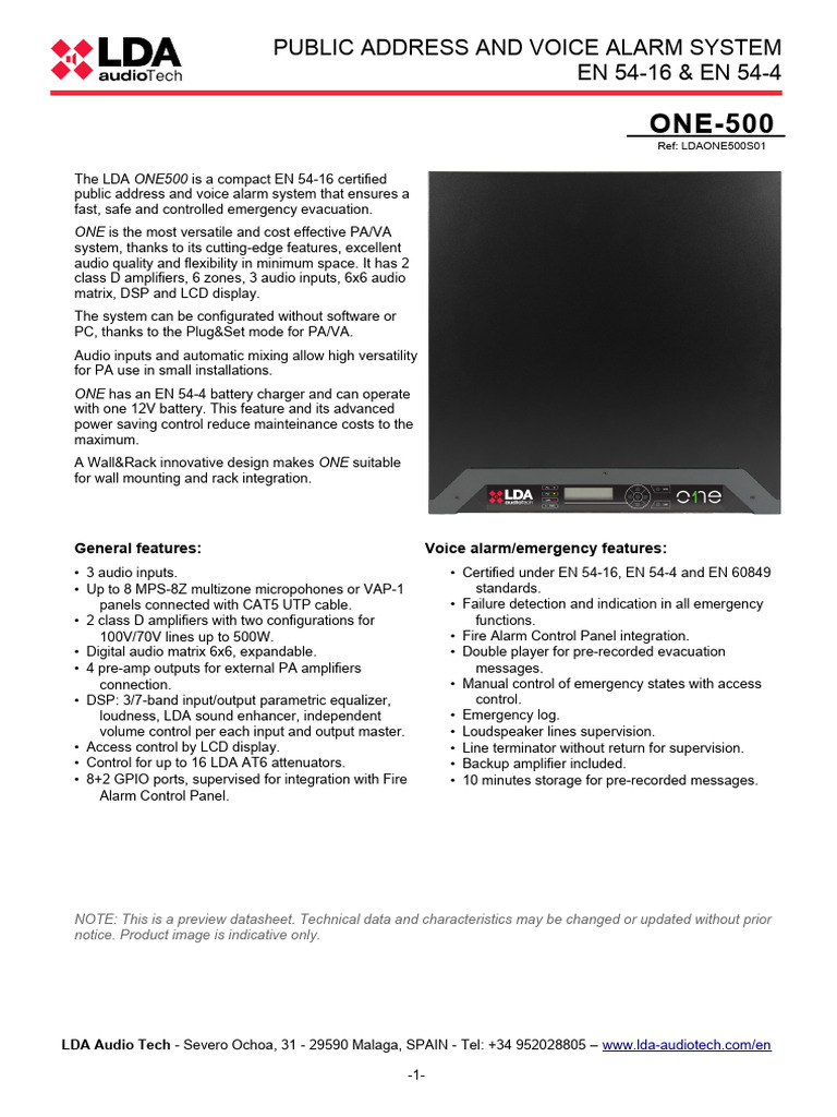 LDA ONE-500 Datasheet en | PDF | Amplifier | Sound Production Technology