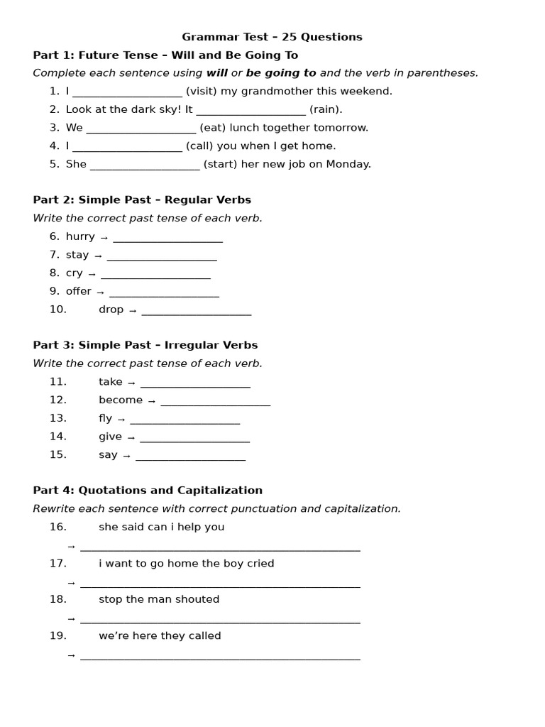 Grammar Test: Future & Past Tenses | PDF