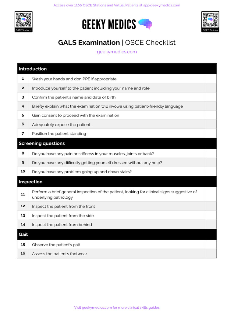 GALS Examination OSCE Checklist Geeky Medics | PDF | Anatomical Terms ...