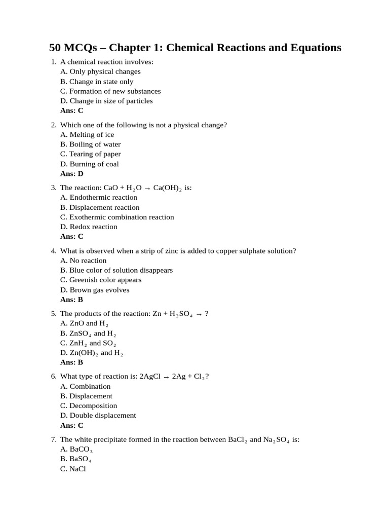 50 MCQ From Ch1 Chemistry | PDF | Chemical Reactions | Redox