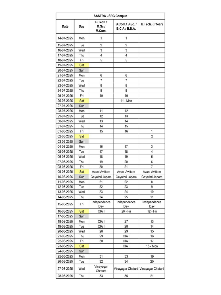 SRC Academic Calendar Campus 2025-26 | PDF