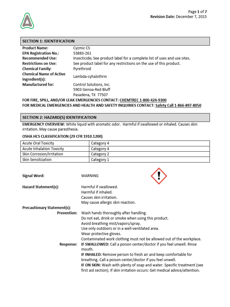 Cyzmic CS Safety Data Sheet | PDF | Pesticide | Occupational Safety And ...