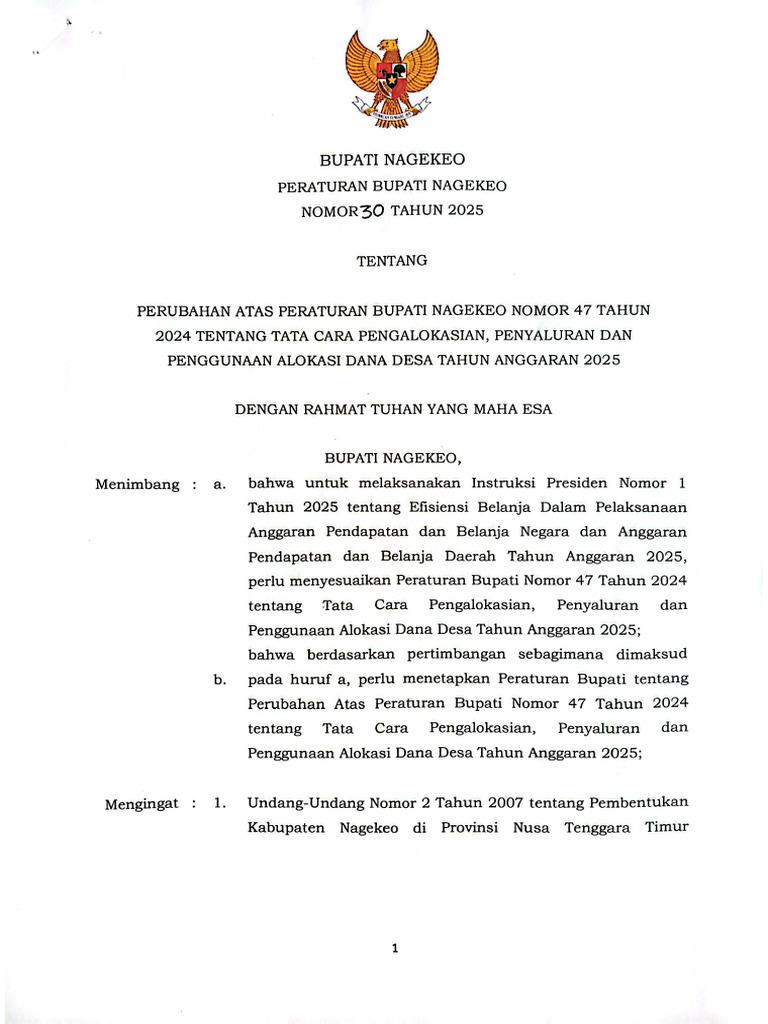 Perbup No 30 Tahun 2025 TTG Perubahan Atas Perbup 47 Tahun 2024 Tentang Tata Cara Pengalokasian ...