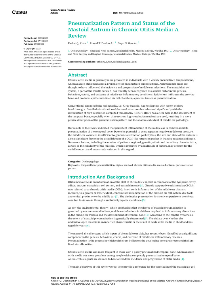 Pneumatization Pattern and Status of The Mastoid A | PDF | Ct Scan | Ear