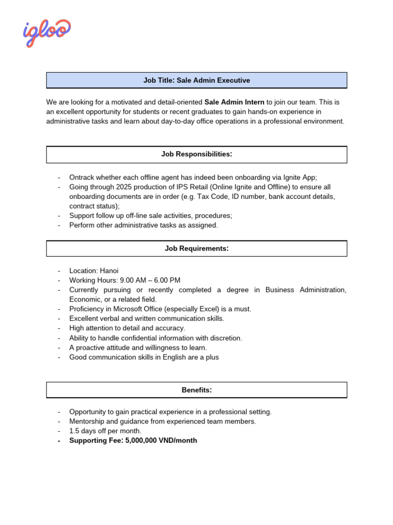 JD Sale Admin Intern | PDF