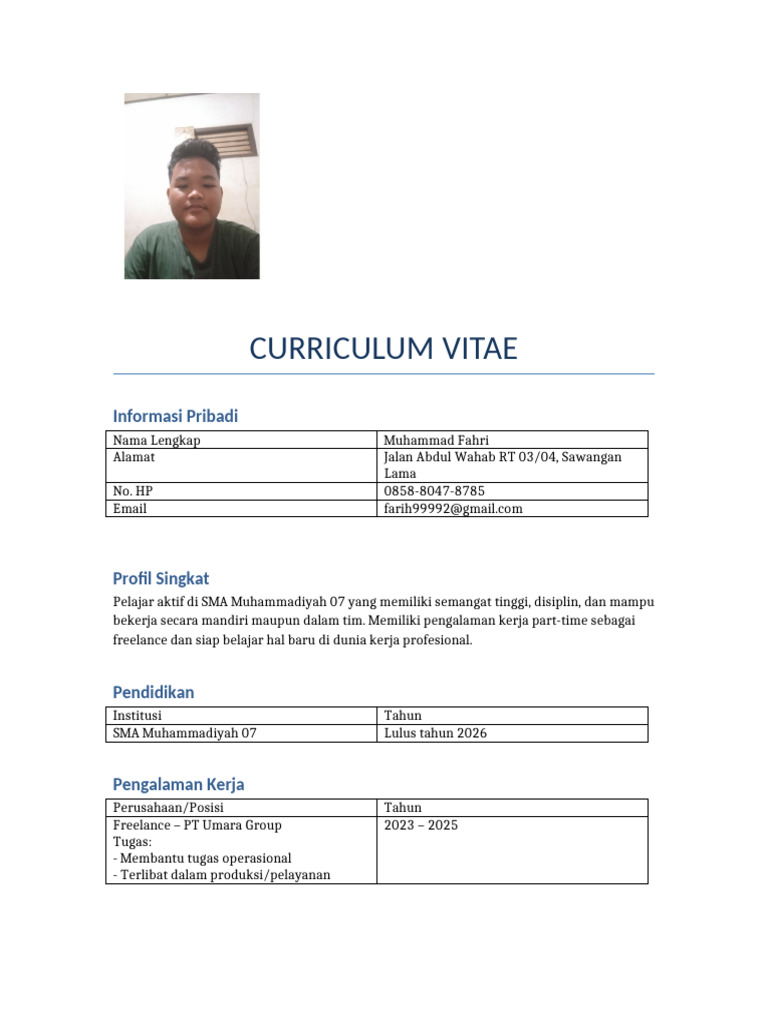 CV Muhammad Fahri With Photo | PDF