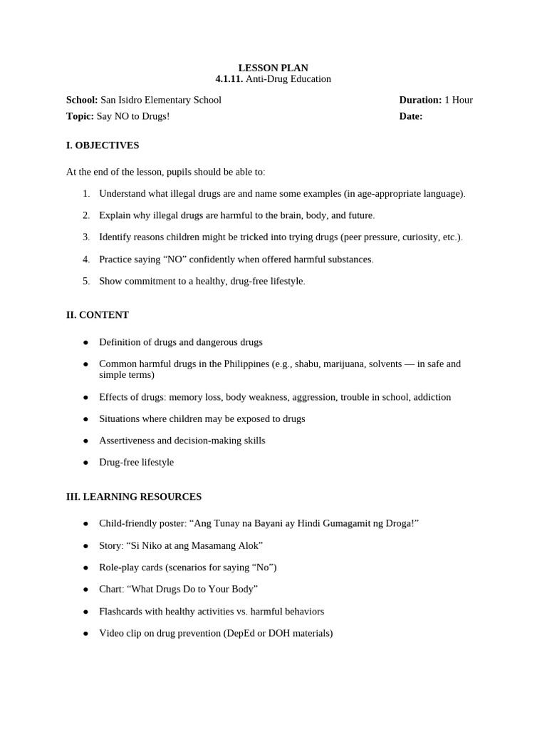 Say NO to Drugs: Lesson Plan | PDF | Learning | Substance Abuse