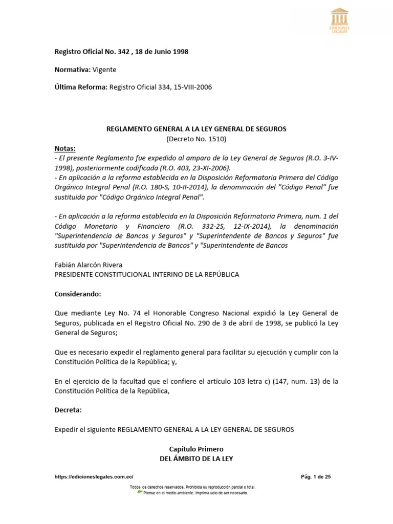 Reglamento General A La Ley General de Seguros | PDF | Póliza de seguros | Reaseguro