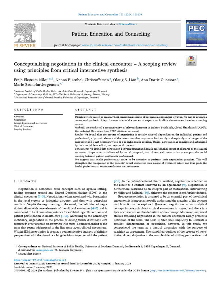 Conceptualizing Negotiation in The Clinical Encounter - A Scoping ...