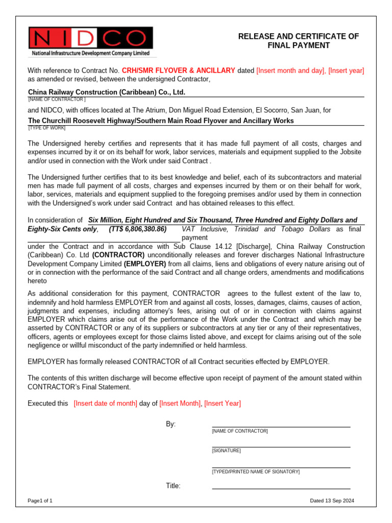 Release and Certificate of Final Payment | PDF | Indemnity | Private Law