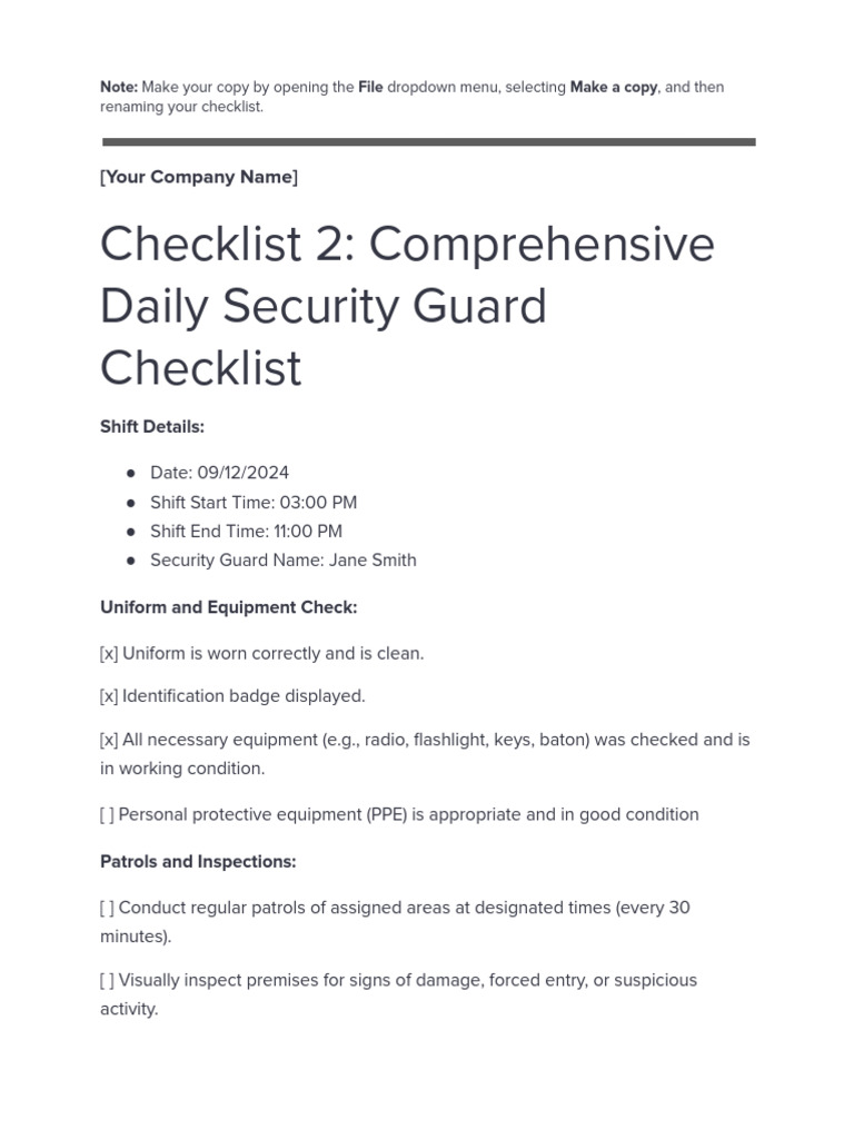 Daily Security Guard Checklist | PDF | Safety | Public Safety