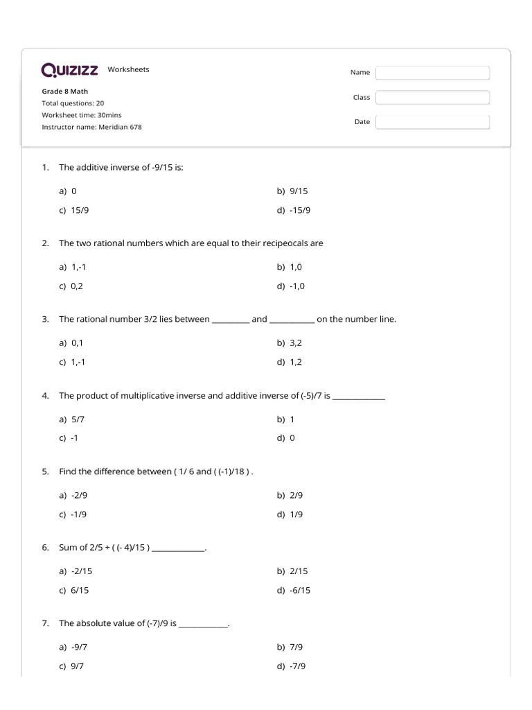 Grade 8 Math Worksheet Quiz | PDF | Mathematical Objects | Abstract Algebra