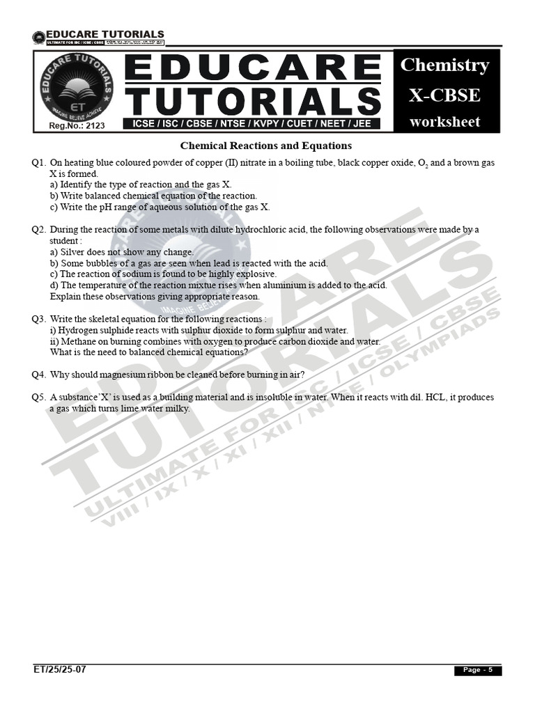 Chemical Reactions and Equations Worksheet | PDF