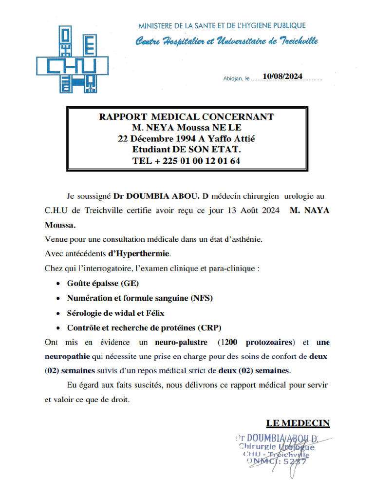 Rapport Medical Neya Moussa | PDF