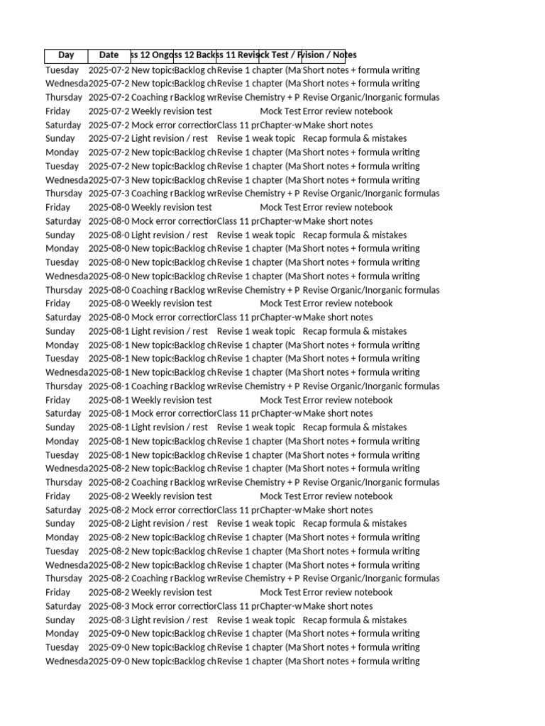 IIT JEE Weekly Calendar July To Nov 2025 | PDF