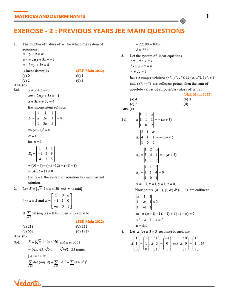 JEE Main Questions on Matrices and Determinants | PDF | Determinant ...