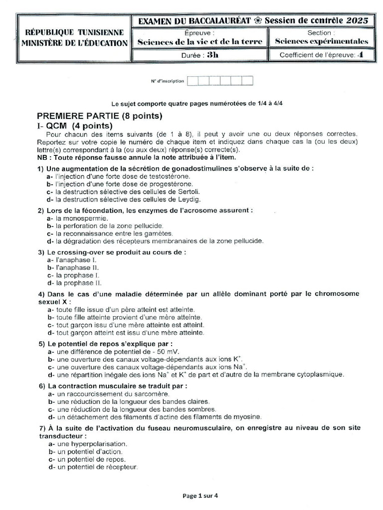 Epreuve SVT Bac SC Exp Session de Controle 2025.PDF Version 1 | PDF