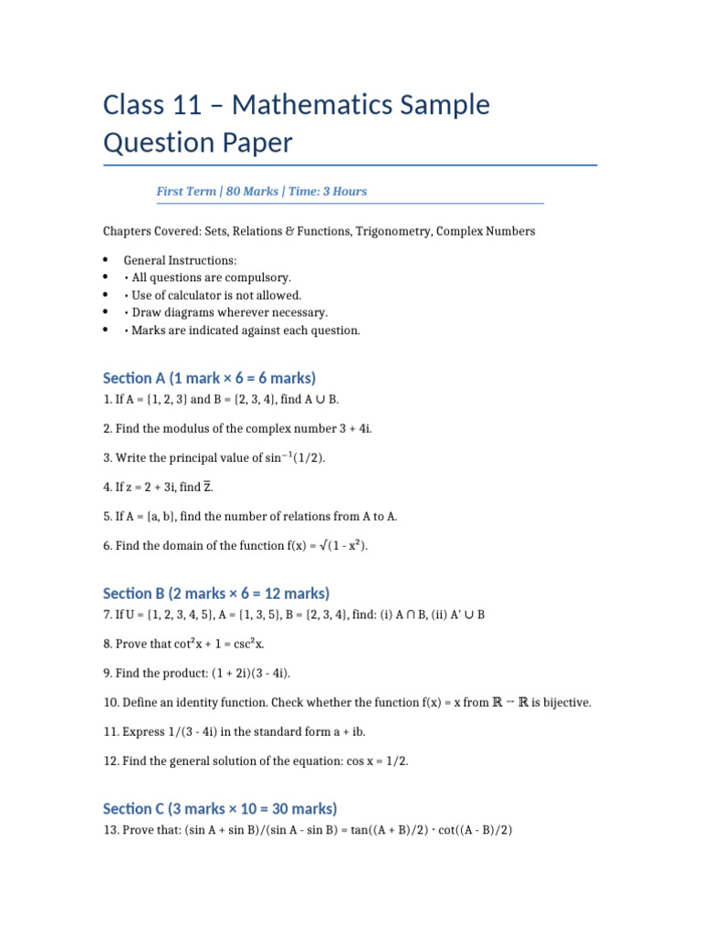 Class11 Maths Sample Paper | PDF | Complex Number | Function (Mathematics)