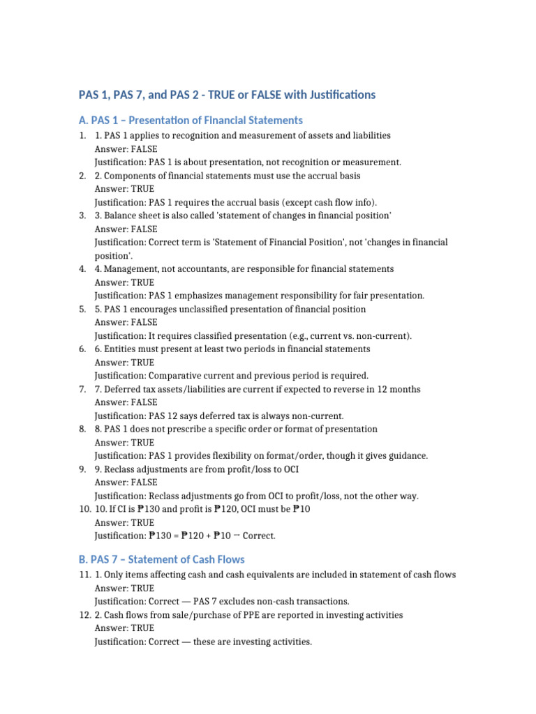 PAS 1, 7, 2: True/False Analysis | PDF | Balance Sheet | Cash Flow ...