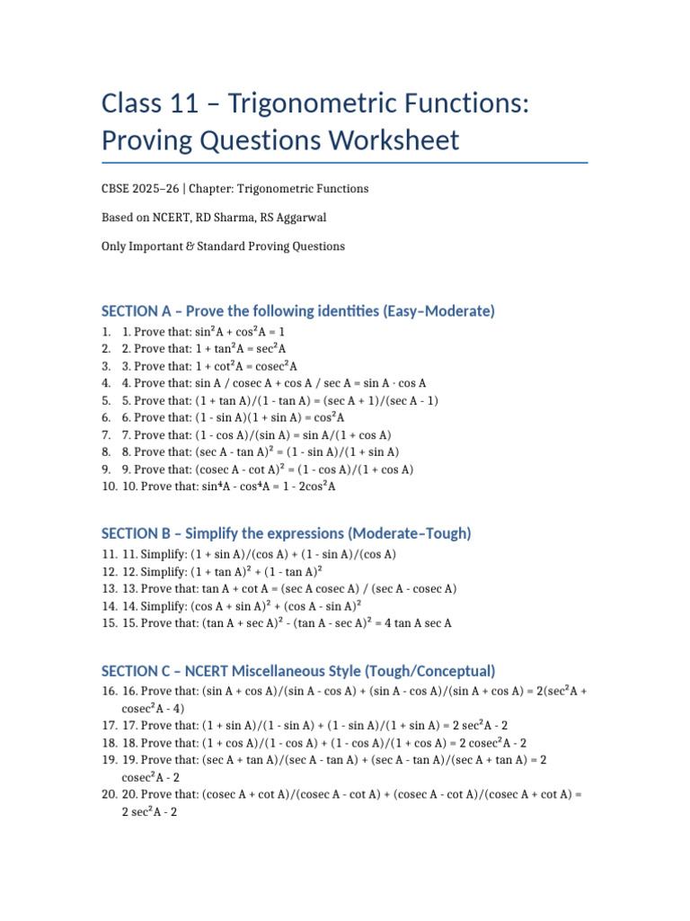 Trigonometric Functions Proving Questions Class11 | PDF