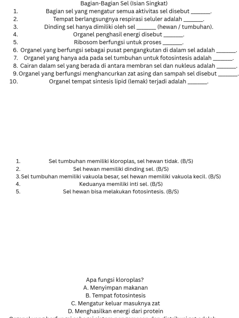 Bagian-Bagian Sel (Isian Singkat) Bagian Sel Yang Mengatur Semua ...