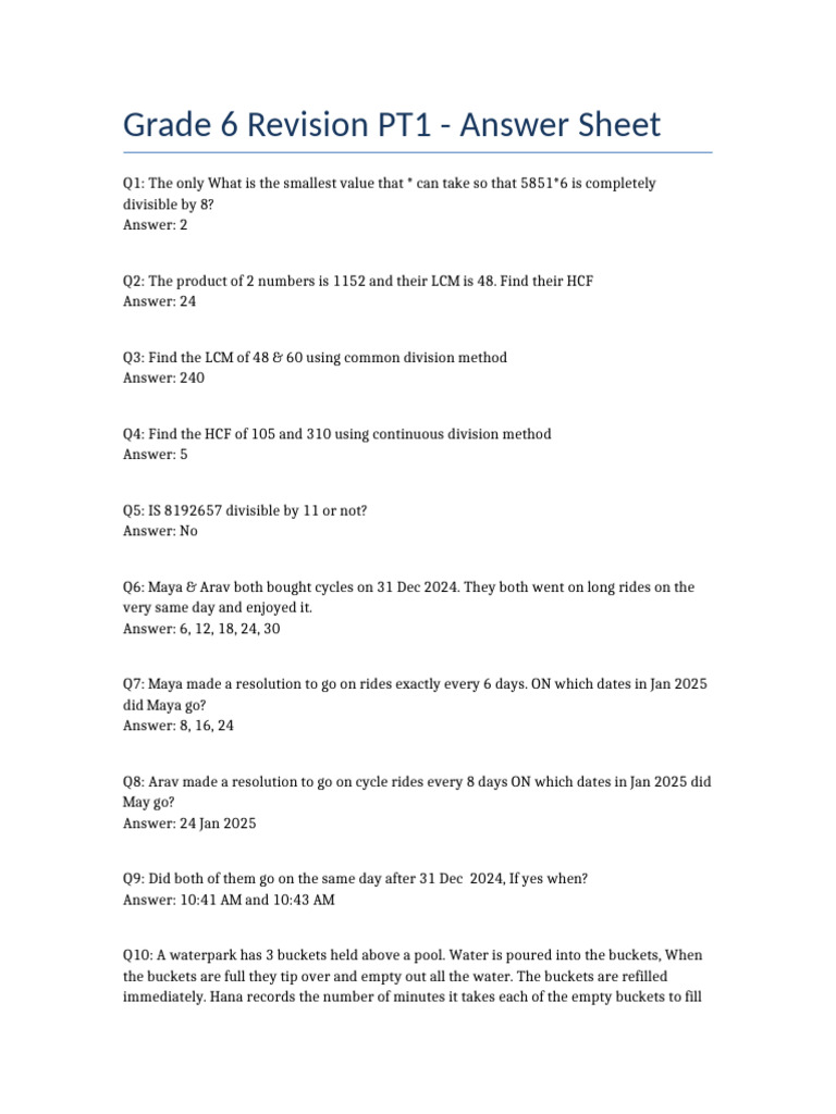 Grade 6 Revision Answer Sheet | PDF