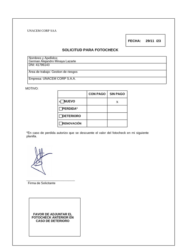 Solicitud de Fotocheck UNACEM 2023 | PDF