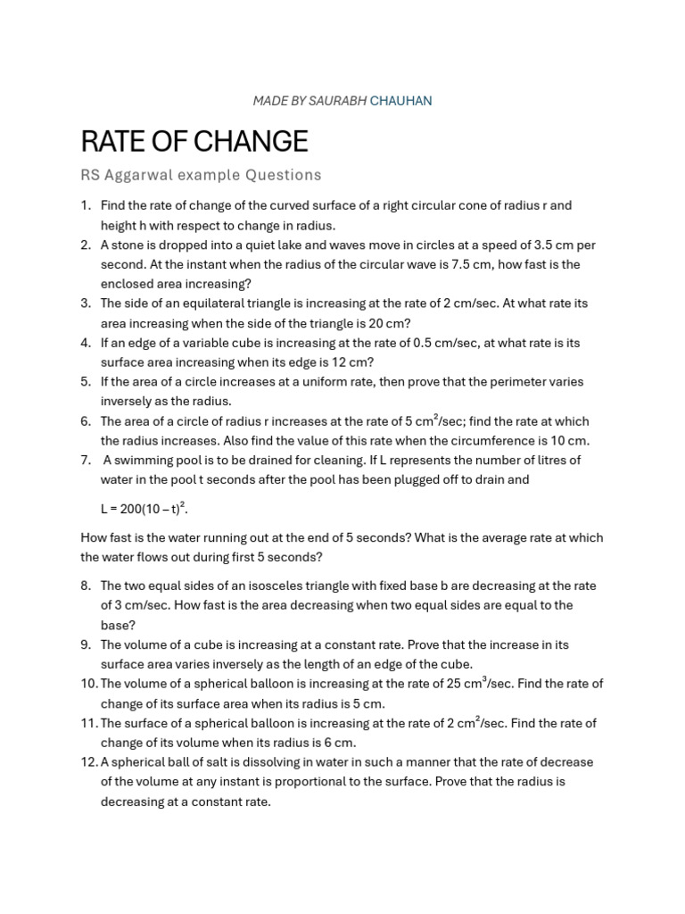 Rate of Change Problems for Class 12 | PDF | Area | Sphere