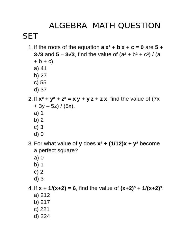 Algebra Math Question Set | PDF