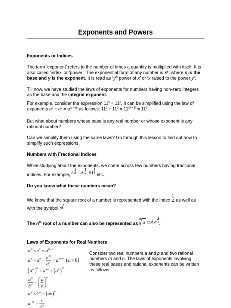 Maths - Exponents and Power | PDF | Exponentiation | Numbers