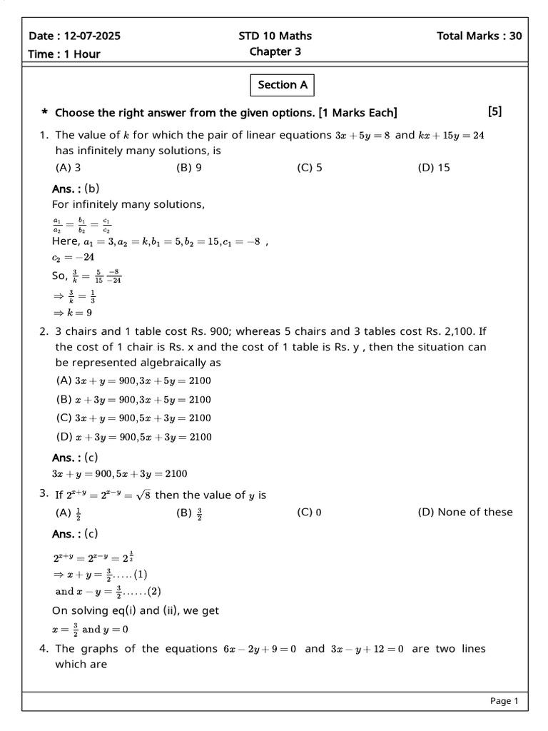 10 Math Chapter 3 Test Paper - Solution | PDF | Speed | Equations