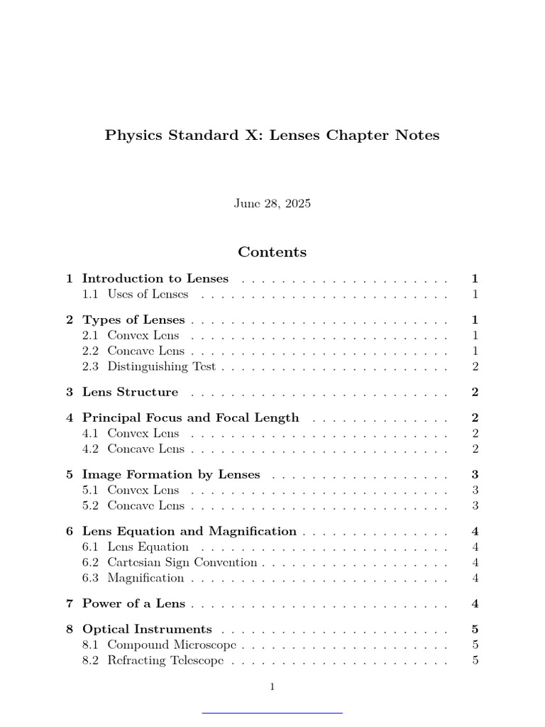 Class 10 Physics: Lenses Notes | PDF | Optics | Lenses