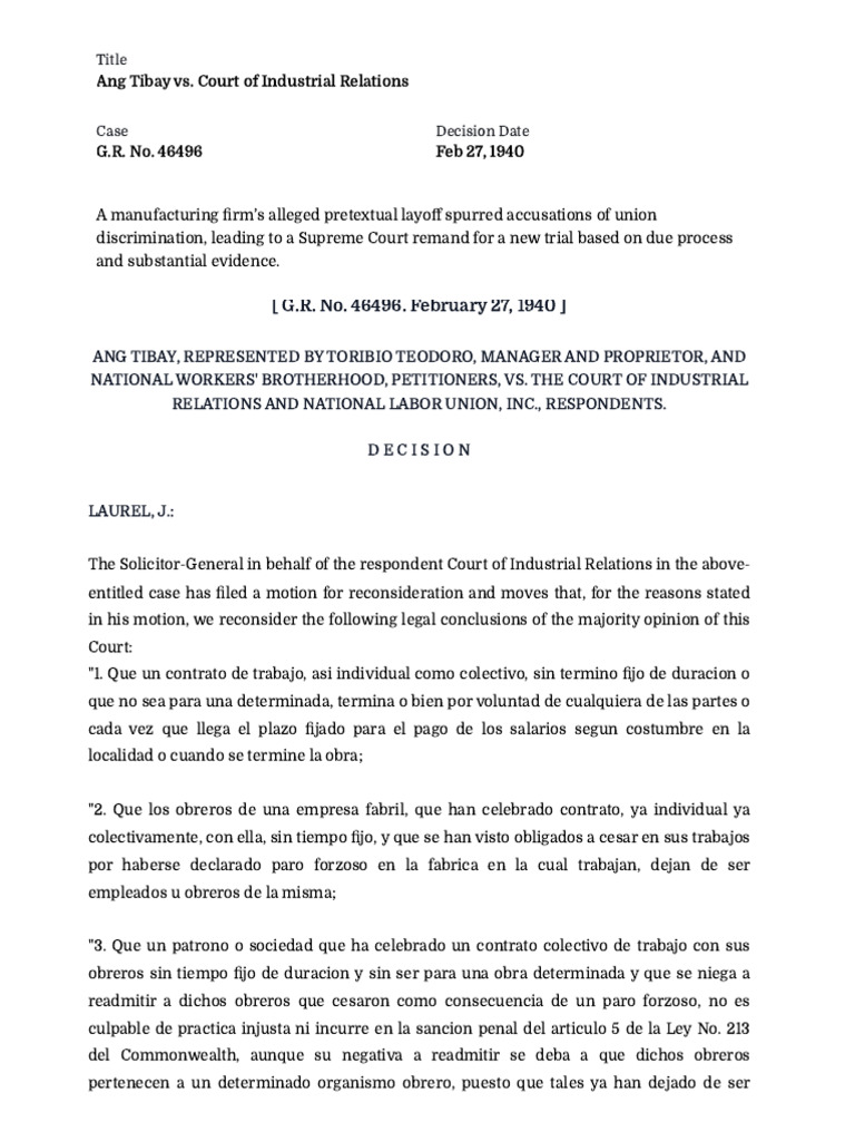 Ang Tibay vs. Court of Industrial Relations | PDF | Employment ...