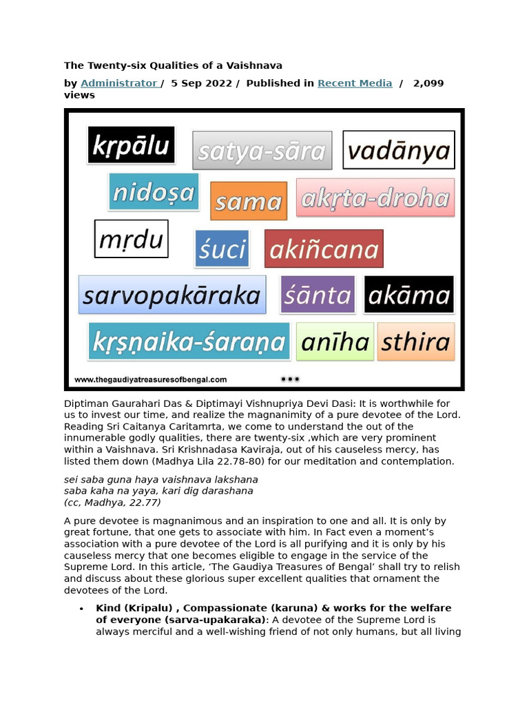 ARTICLE the Twenty-six Qualities of a Vaishnava | PDF | Vaishnavism | Krishna