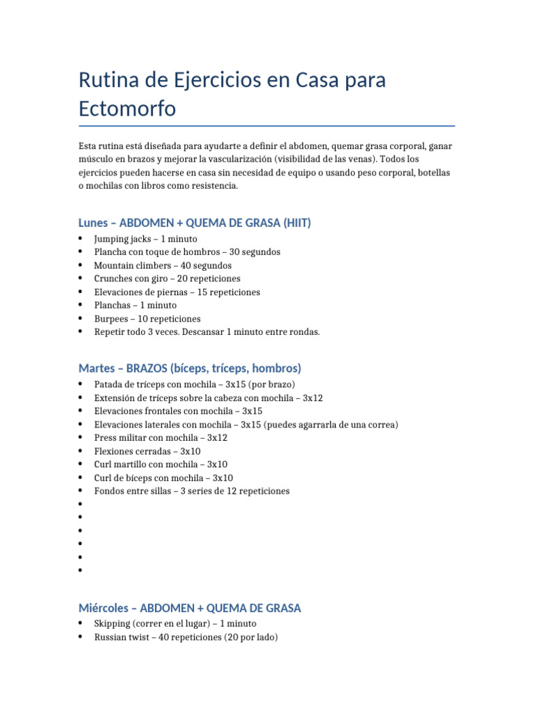 Rutina Ectomorfo Casa Actualizada | PDF | Anatomía humana