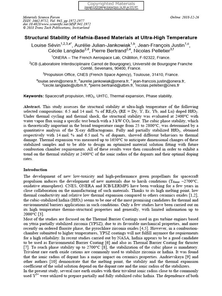 2018 (Sévin) Structural Stability of Hafnia-Based Materials at Ultra-High Temperature | PDF ...